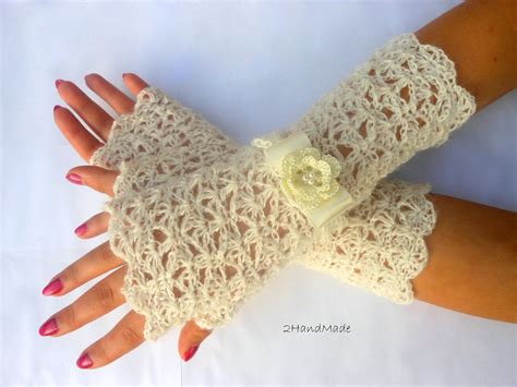 Lace Crochet Fingerless Gloves Wedding Ivory Vintage By 2handmade
