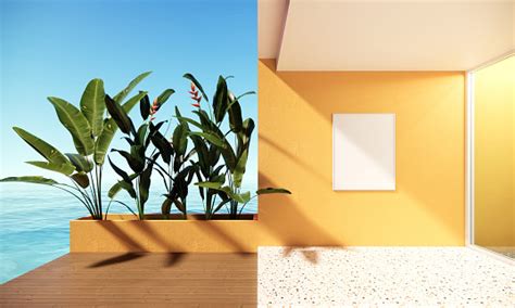 자연 바다 전망 배경 3d 렌더링과 현대적인 객실 객실에는 노란색 벽 콘크리트 바닥에 빈 액자가 있습니다 0명에 대한 스톡 사진