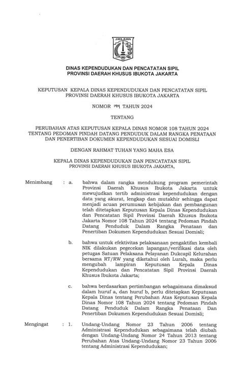Perubahan Atas Keputusan Kepala Dinas Nomor 108 Tahun 2024 Tentang