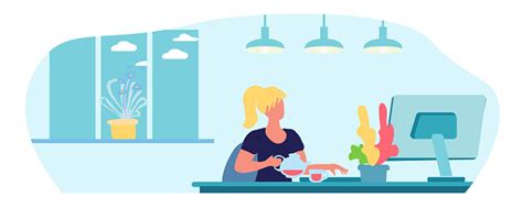 컴퓨터에서 여학생 원격 작업 개념 프리랜서 만화 평면 벡터 일러스트 레이 션 개념에 대한 스톡 벡터 아트 및 기타 이미지