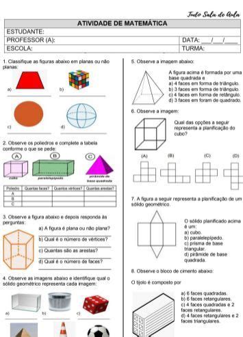 Atividade De MatemÁtica SÓlidos GeomÉtricos E Figuras Planas 4º Ano