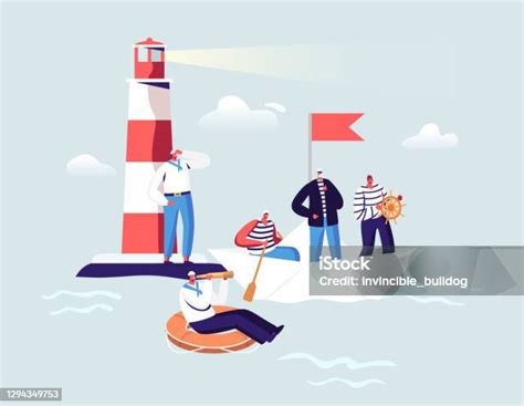 해양 선원 개념 바다의 비콘에서 제복을 입은 승무원 남성 캐릭터를 배 선장 종이 보트에 선원 바다에 대한 스톡 벡터 아트 및 기타 이미지 Istock