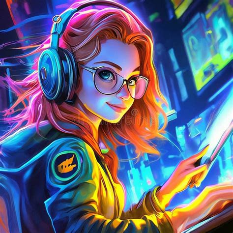 Cartoon Character A Cheerful Girl In Headphones Sits At The Control