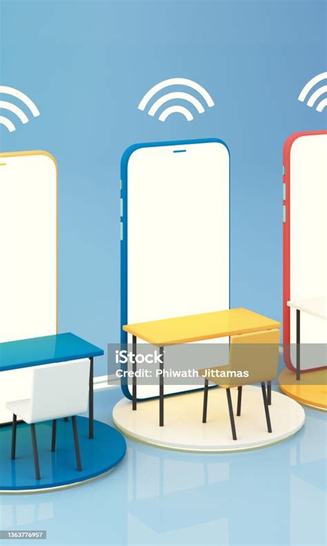 스마트 폰과 대학원 모자 오픈 북 풍선 통치자 통계 그래프 파란색과 노란색 배경 3d 렌더에 연필과 돋보기로 둘러싸인 Wifi 기호가있는 E러닝 개념 무선 기술에 대한 스톡