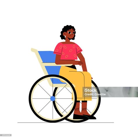 접근성 포용성 및 권한을 상징하는 평면 벡터 일러스트 레이 션에서 생생한 옷을 입고 휠체어에 웃는 여자 흰색 배경에 고립 된 등장인물에 대한 스톡 벡터 아트 및 기타 이미지