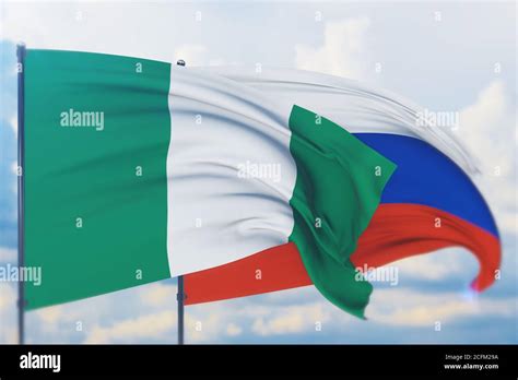 Waving Russian Flag And Flag Of Nigeria Closeup View 3D Illustration