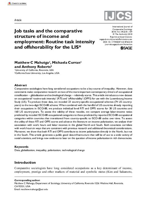 Pdf Job Tasks And The Comparative Structure Of Income And Employment Routine Task Intensity