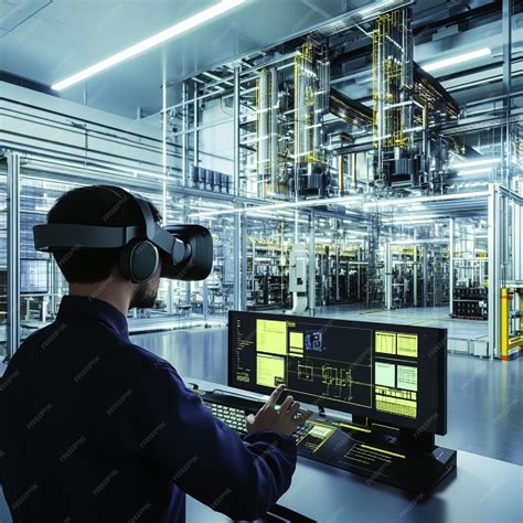 a virtual reality setup where engineers are simulating factory