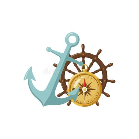 Nautical Anchor Compass And Ship Wheel Vector Illustration For Marine