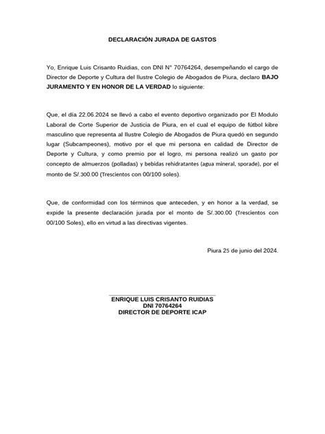 DeclaraciÓn Jurada De Gastos Pdf