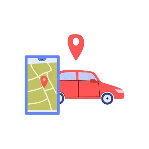 Automobile Vehicle And Mobille App With Map And Location Mark Stock