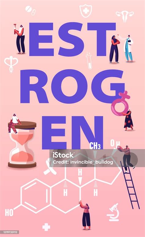 호르몬 건강 개념 작은 여성 캐릭터 환자와 거대한 에스트로겐 공식의 의사 전면 진단 및 치료 모래 시계 포스터 배너 전단지에