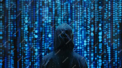 Anonymous Hacker With Face Concealed Blue Binary Code Backdrop Evoking