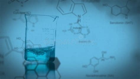 Animation Of Molecule Structures Over Liquid Moving In Laboratory Flask Against Blue Background