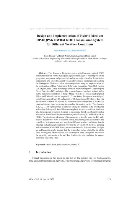 Pdf Design And Implementation Of Hybrid Medium Dp Dqpsk Dwdm Rof Transmission System For