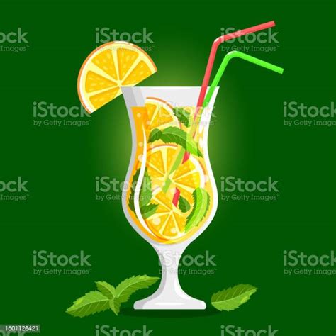 Glass With Orange Drink Straws And Mint Leaves Stock Illustration
