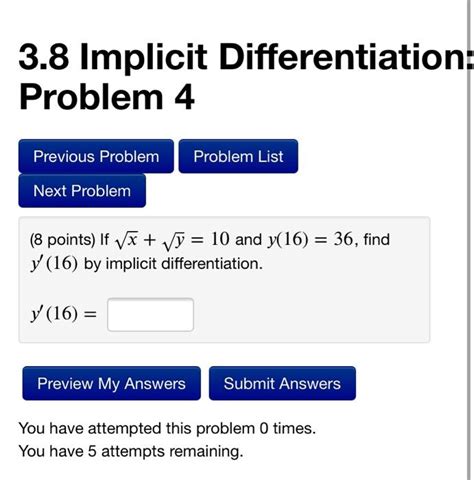 solved 3 8 implicit differentiation problem 4 previous