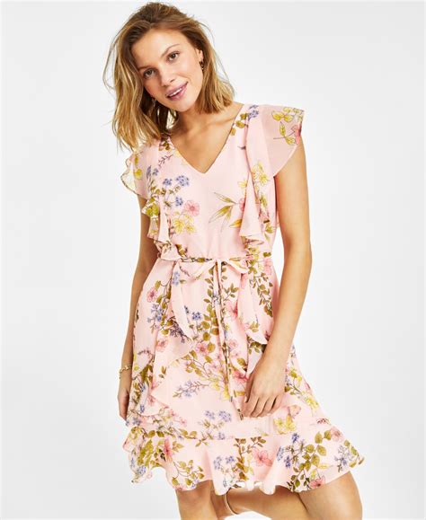 Tommy Hilfiger Womens Flutter Sleeve Chiffon Fit And Flare Dress In