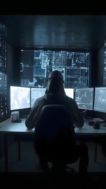 Premium AI Image Hacker In Dark Room Using Computer To Steal Data Cybercrime Concept