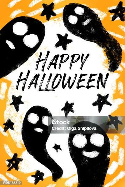 할로윈을 주제로 한 디지털 일러스트레이션 엽서 디자인 포스터 타이포그래피 템플릿 등을 위해 주황색 배경에 유령과 별이있는 이미지 10월에 대한 스톡 벡터 아트 및 기타