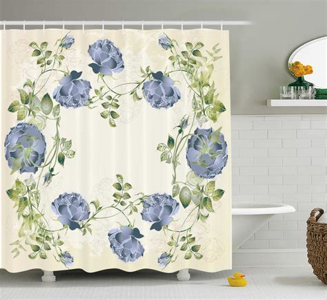 Floral Shower Curtain Vintage Style Roses Leaves Flower Framework