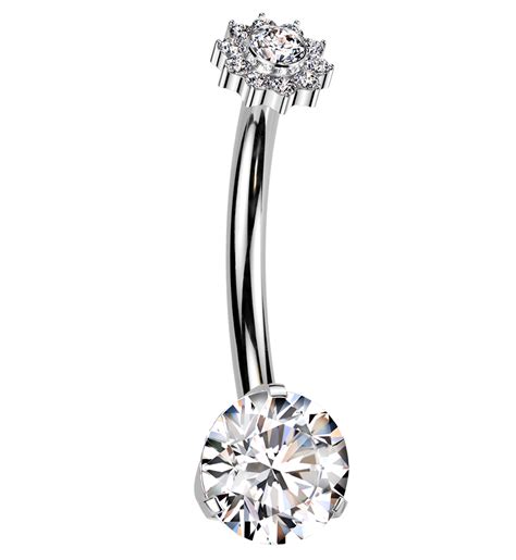 Pave Flower Clear Cz Titanium Internally Threaded Belly Button Ring