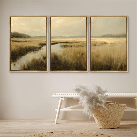 Large Framed Neutral Marsh Landscape Wall Art Set Of 3 Rustic Wetland