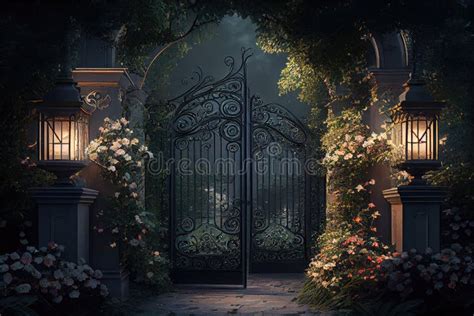 Iron Mansion Gates With Lanterns And Blooming Flowers Surrounded By
