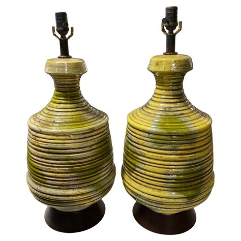 Pair Of Green Glazed Pottery Ceramic Table Lamps With Floral Motif At