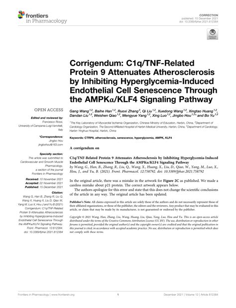 Pdf Corrigendum C1qtnf Related Protein 9 Attenuates Atherosclerosis