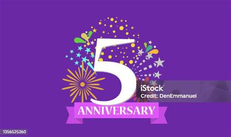 오픈 버스트 기프트 박스가 있는 5주년 기념 배너 보라색 배경 그림에 템플릿 첫 번째 생일 축하 및 추상 텍스트 기념일에 대한