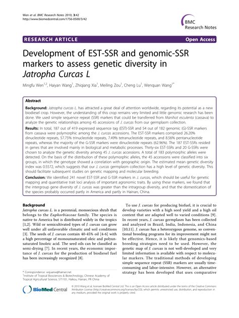 Pdf Development Of Est Ssr And Genomic Ssr Markers To Assess Genetic