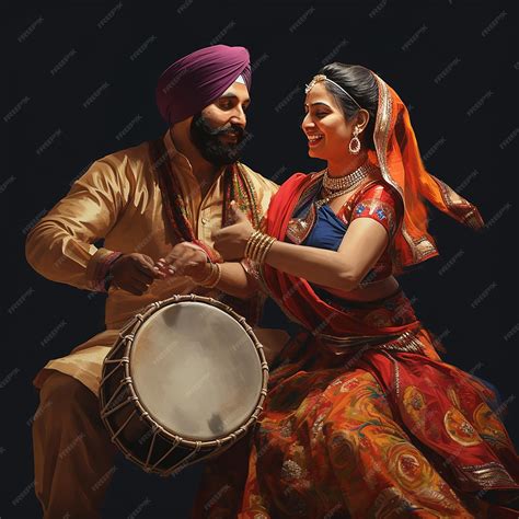 Premium Photo Punjabi Man Playing Dhol And Woman Performing Bhangra Dance