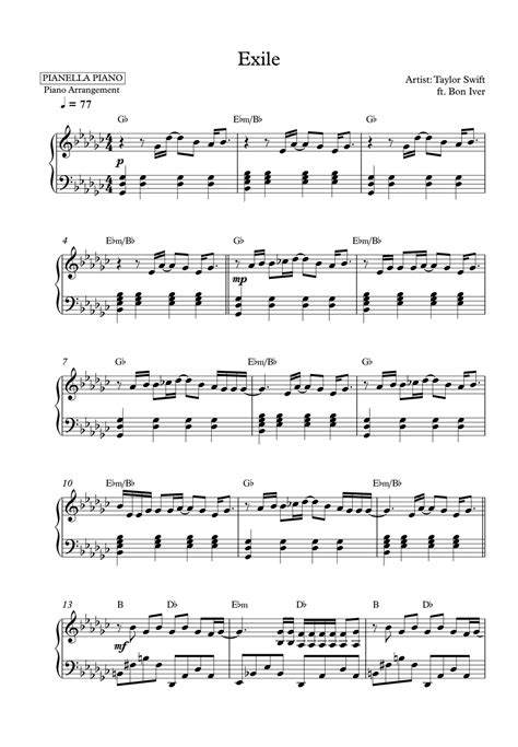 Taylor Swift Ft Bon Iver Exile Piano Sheet Sheet By Pianella Piano