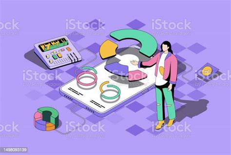3d 아이소메트릭 설계의 데이터 분석 개념입니다 다이어그램을 가지고 일하는 여자 휴대폰 앱 화면에서 차트와 그래프를 조사하는