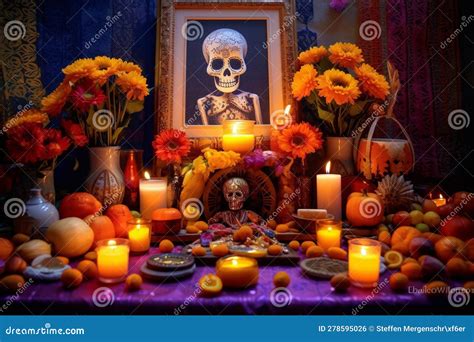 Nighttime Day Of The Dead Altar With Candles And Marigolds Stock