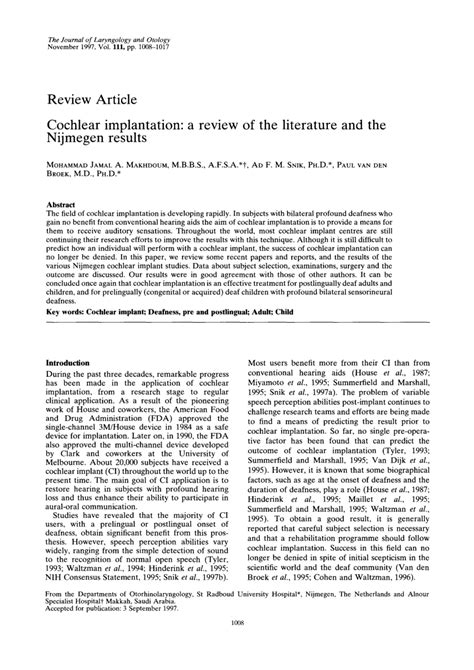 Pdf Cochlear Implantation A Review Of The Literature And The Nijmegen Results