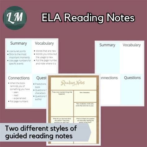Ela Guided Reading Notes With 4 Square Summary Vocab Connections Questions