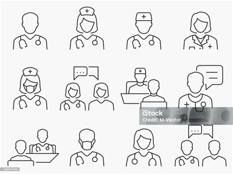 의사와 간호사 라인 아이콘 세트 검정 벡터 그림입니다 편집 가능한 스트로크 간호사에 대한 스톡 벡터 아트 및 기타 이미지 간호사 의사 상징 Istock