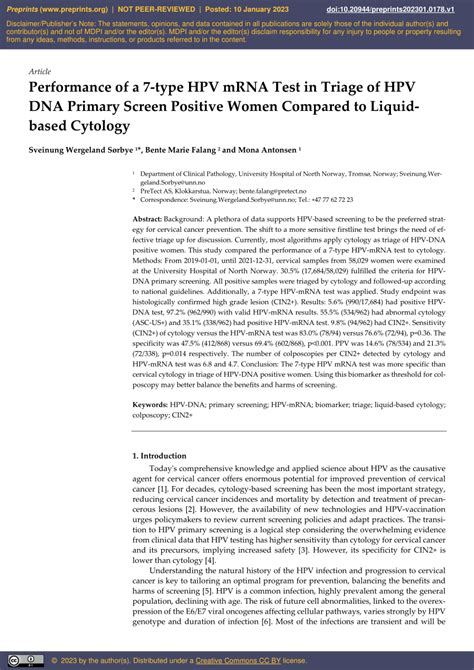 Pdf Performance Of A 7 Type Hpv Mrna Test In Triage Of Hpv Dna Primary Screen Positive Women