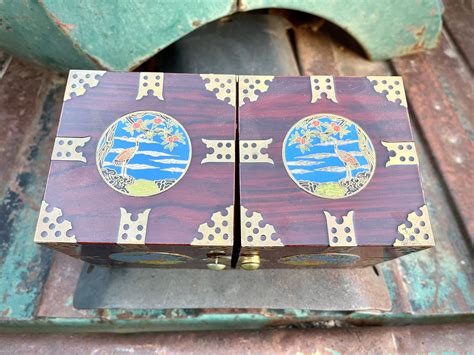 Medium Small Vintage Chinese Puzzle Box Of Wood And Brass Metal Four