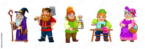 Cartoon Gnome Dwarf Characters Of Miner Lumberjack And Tailor Vector