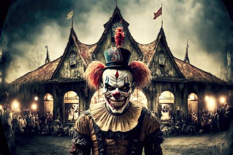 Circo de pueblo espeluznante con payaso siniestro en máscara Foto Premium