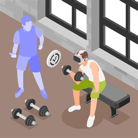 Vr 스포츠 훈련 아이소메트릭 컬러 컨셉은 젊은 남자가 트레이너 벡터 일러스트레이션을 사용하여 체육관에서 운동합니다 프리미엄 벡터