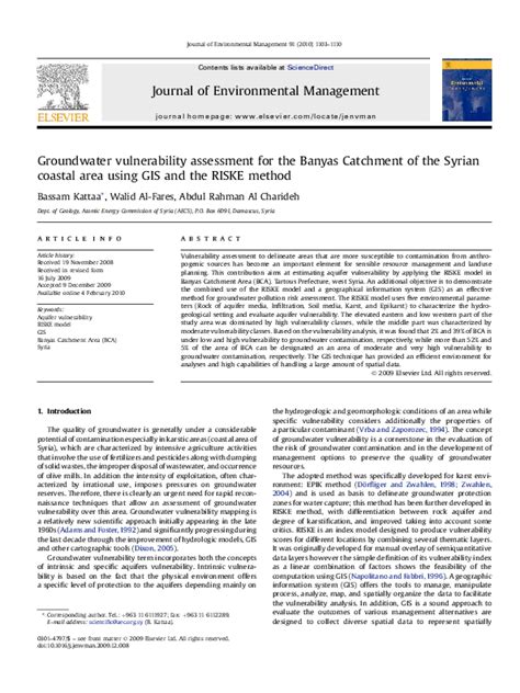Pdf Groundwater Vulnerability Assessment For The Banyas Catchment Of The Syrian Coastal Area