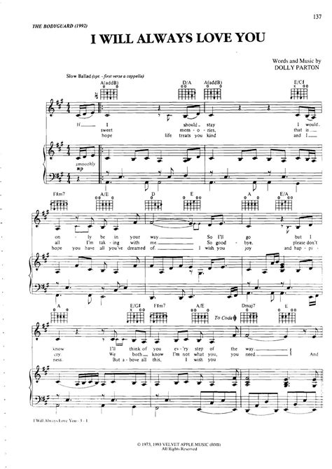 Whitney Houston Dolly Parton I Will Always Love You 琴譜pdf オールウェイズラブユー 楽譜 香港流行鋼琴協會琴譜下載