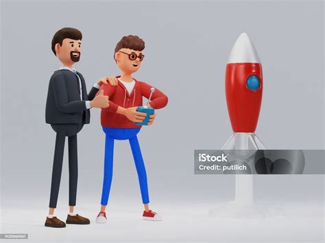 혁신과 스타트업 개념 두 남자 만화 캐릭터가 로켓을 발사합니다 3d 그림 3차원 형태에 대한 스톡 사진 및 기타 이미지 3차원 형태 개념 개념과 주제 Istock