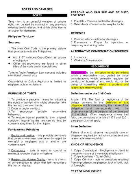Torts And Damages Pdf Tort Negligence