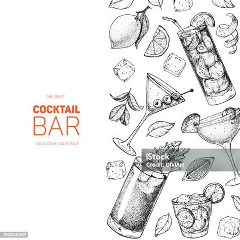 손으로 그린 칵테일 벡터 일러스트레이션 알콜 칵테일 스케치 세트 새겨진 스타일 바에 대한 디자인 템플릿 피 묻은 메리 마른