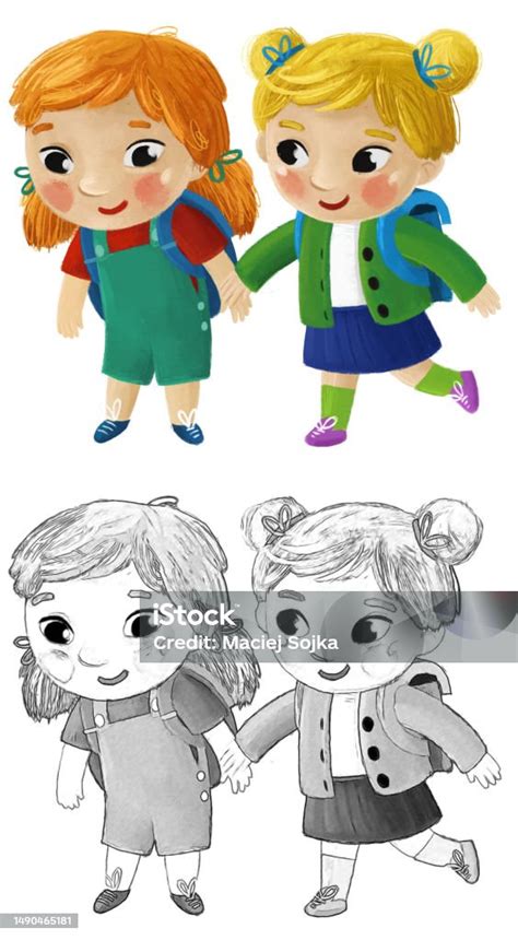 만화 아이 아이 소녀 여자 친구 우정 학생 학교에 가는 아이들을위한 어린 시절 일러스트레이션 학습 고름에 대한 스톡 벡터 아트